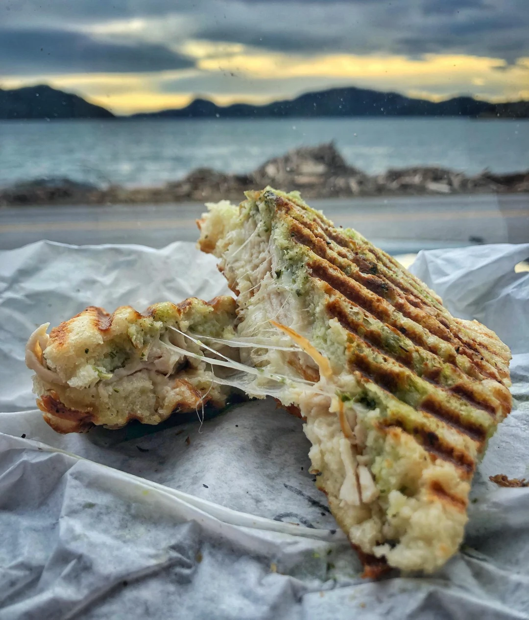 Turkey, havarti, pesto on homemade (not by me, a coworker) focaccia, grilled on a panini press ...