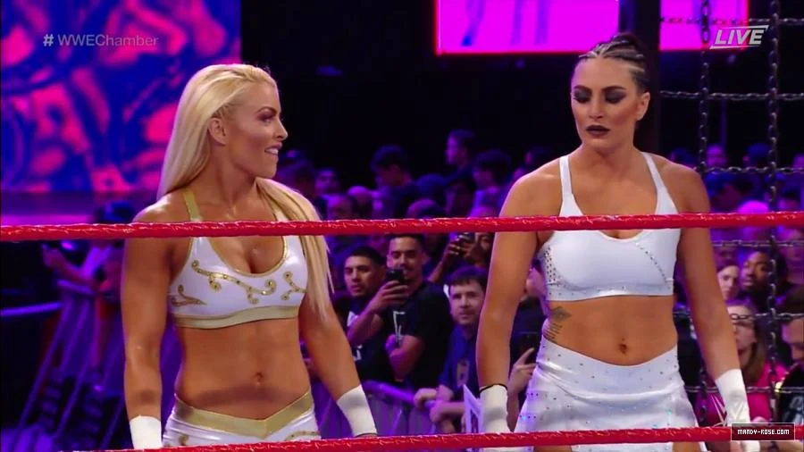 Mandy Rose and Sonya Deville wearing white gear at Elimination Chamber 2018 | Scrolller