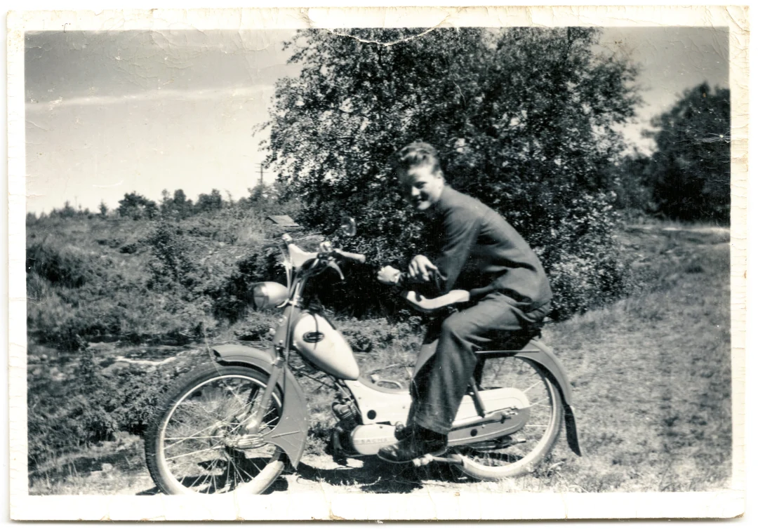My father on his Crescent moped in the 1960s | Scrolller