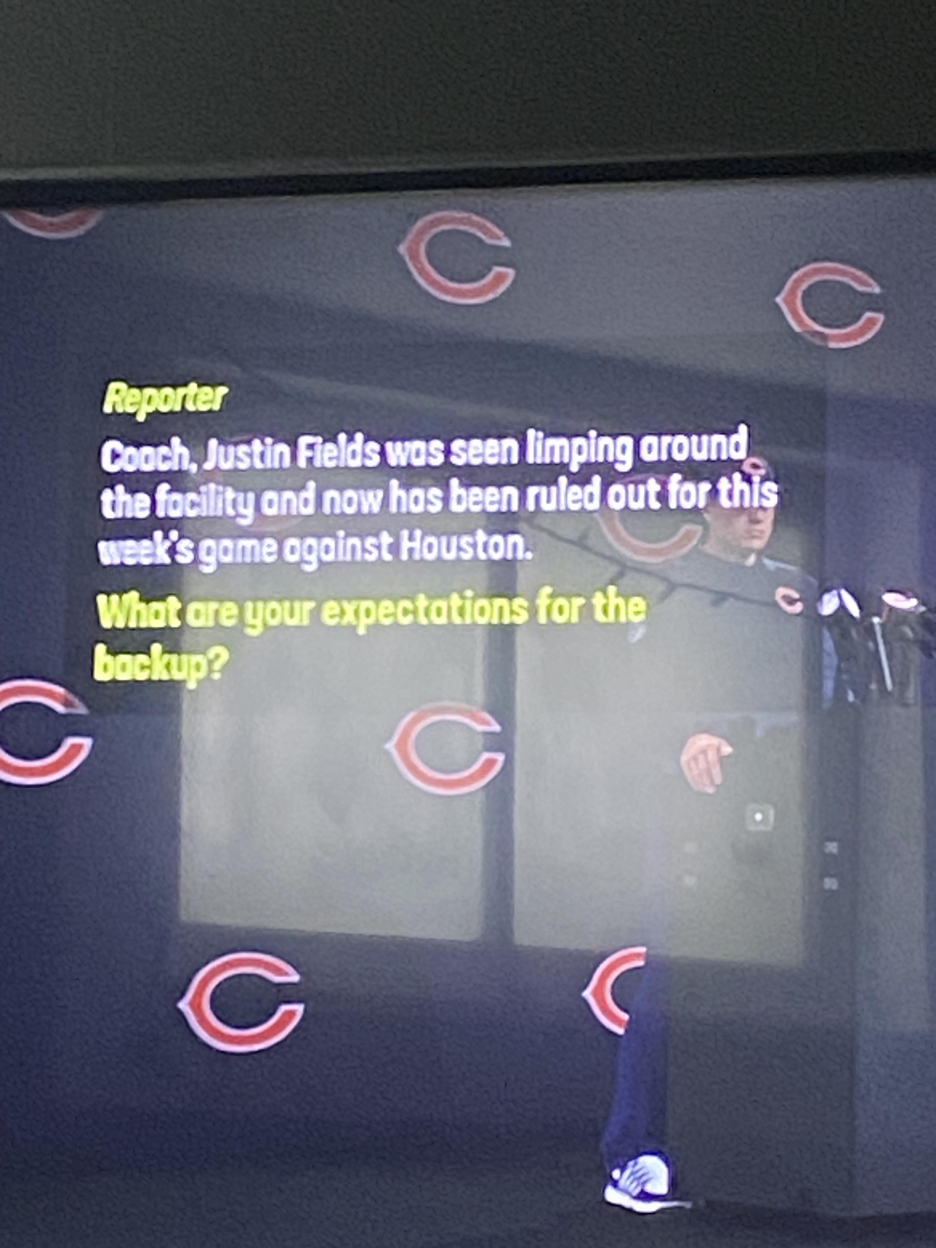 Finally saw a QB injury for the first time in franchise (season 7). Fields missed one game after ...