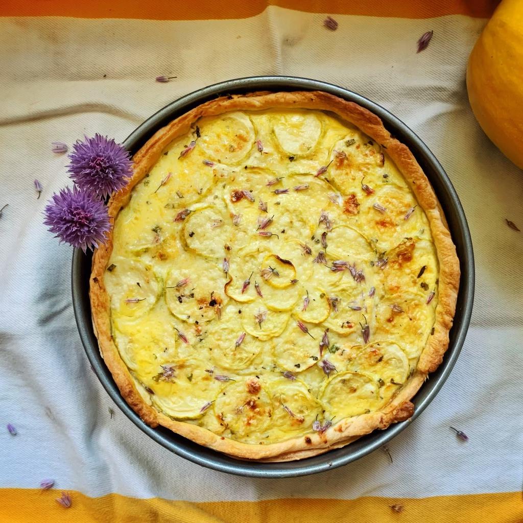 [Homemade] Squash, goat cheese, and chive blossom quiche | Scrolller