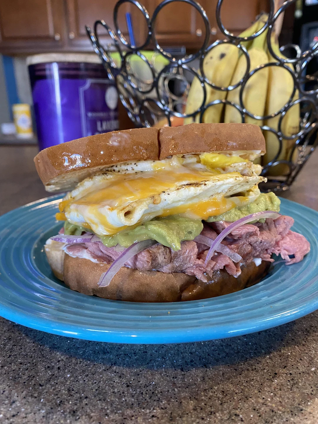 Steak, egg, and cheese w/ onion, smashed avocado and horseradish sauce | Scrolller