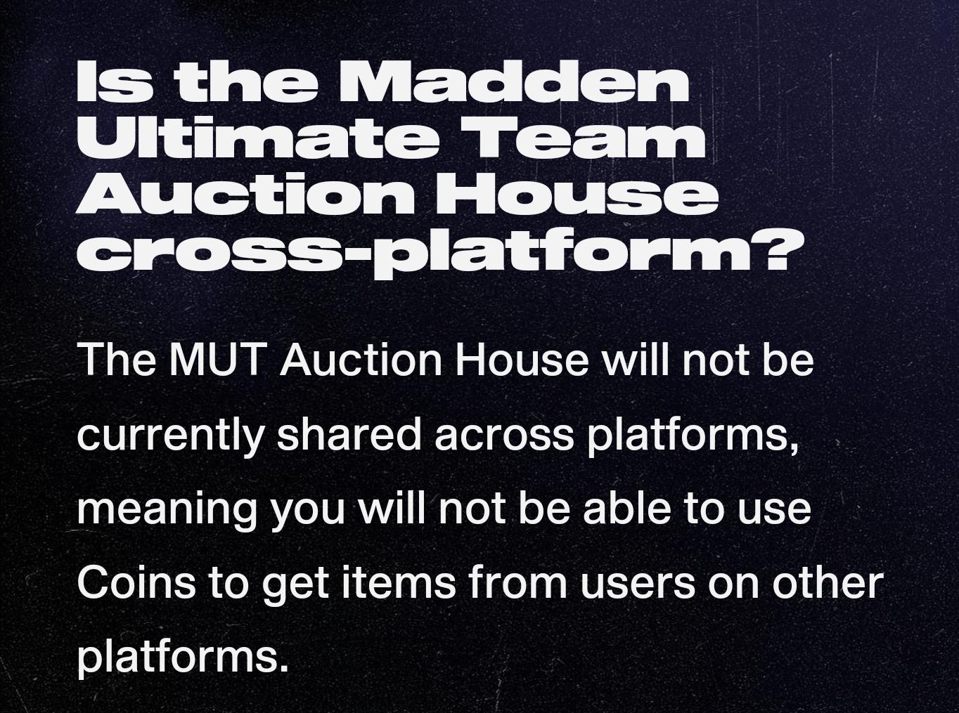 Discover more like Madden: No crossplay for mut auction house!? EA you clearly don't want this ...