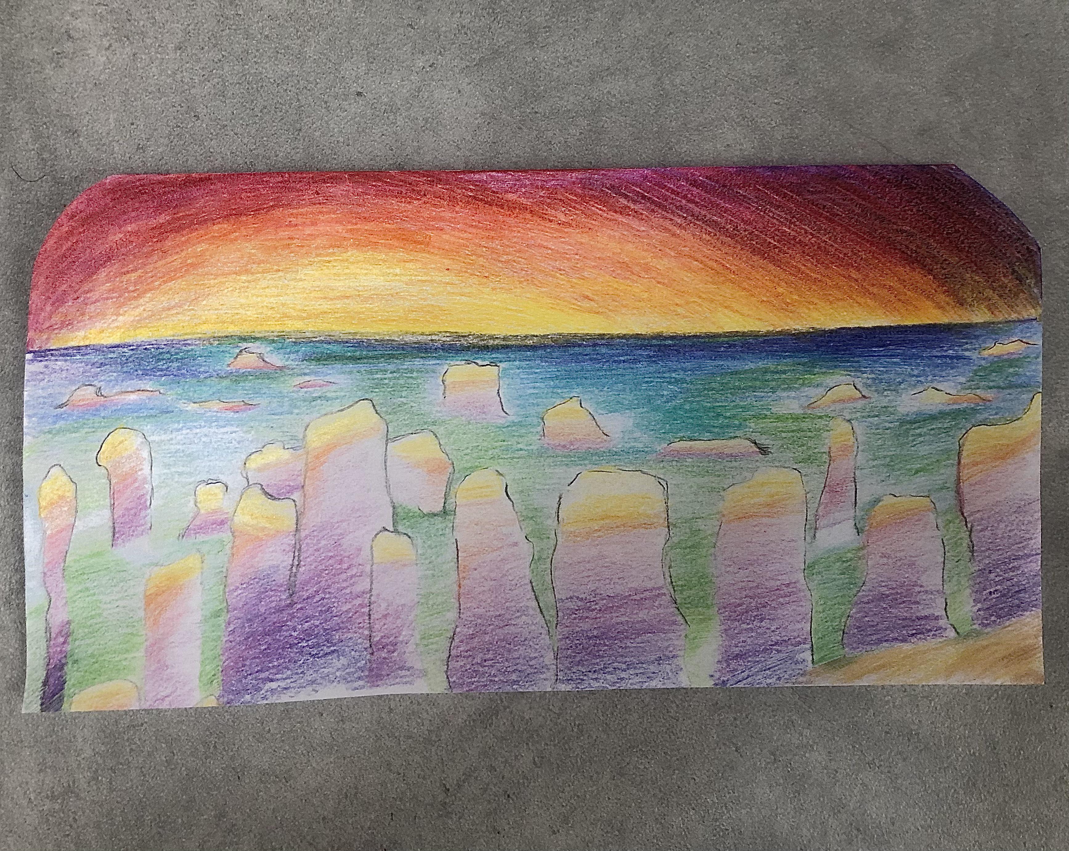 Sunset, me, pencil crayons, 2022 | Scrolller