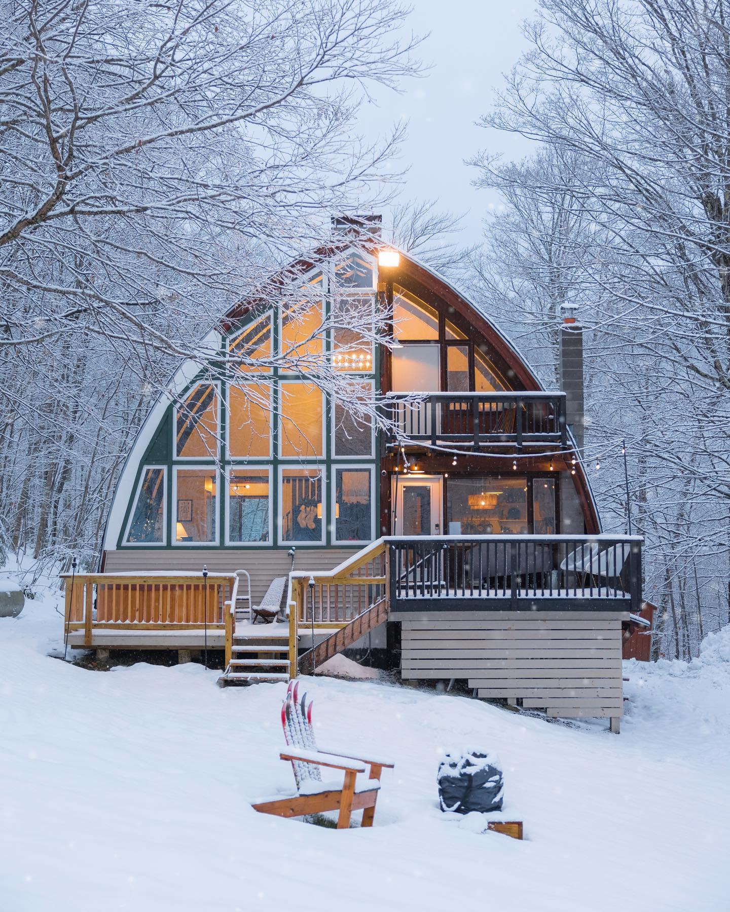 Vaulted ceiling cabin in the winter woods of the Green Mountains, Vermont. | Scrolller