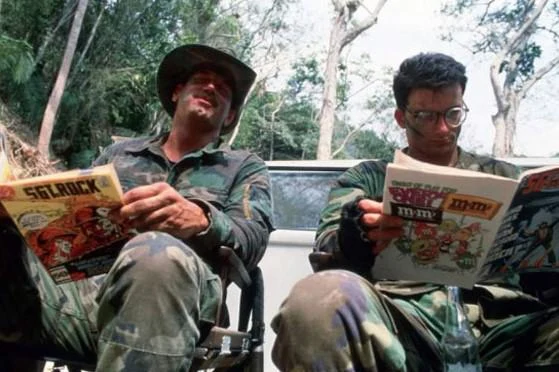 Relaxing between takes on the set of PREDATOR (1987) | Scrolller