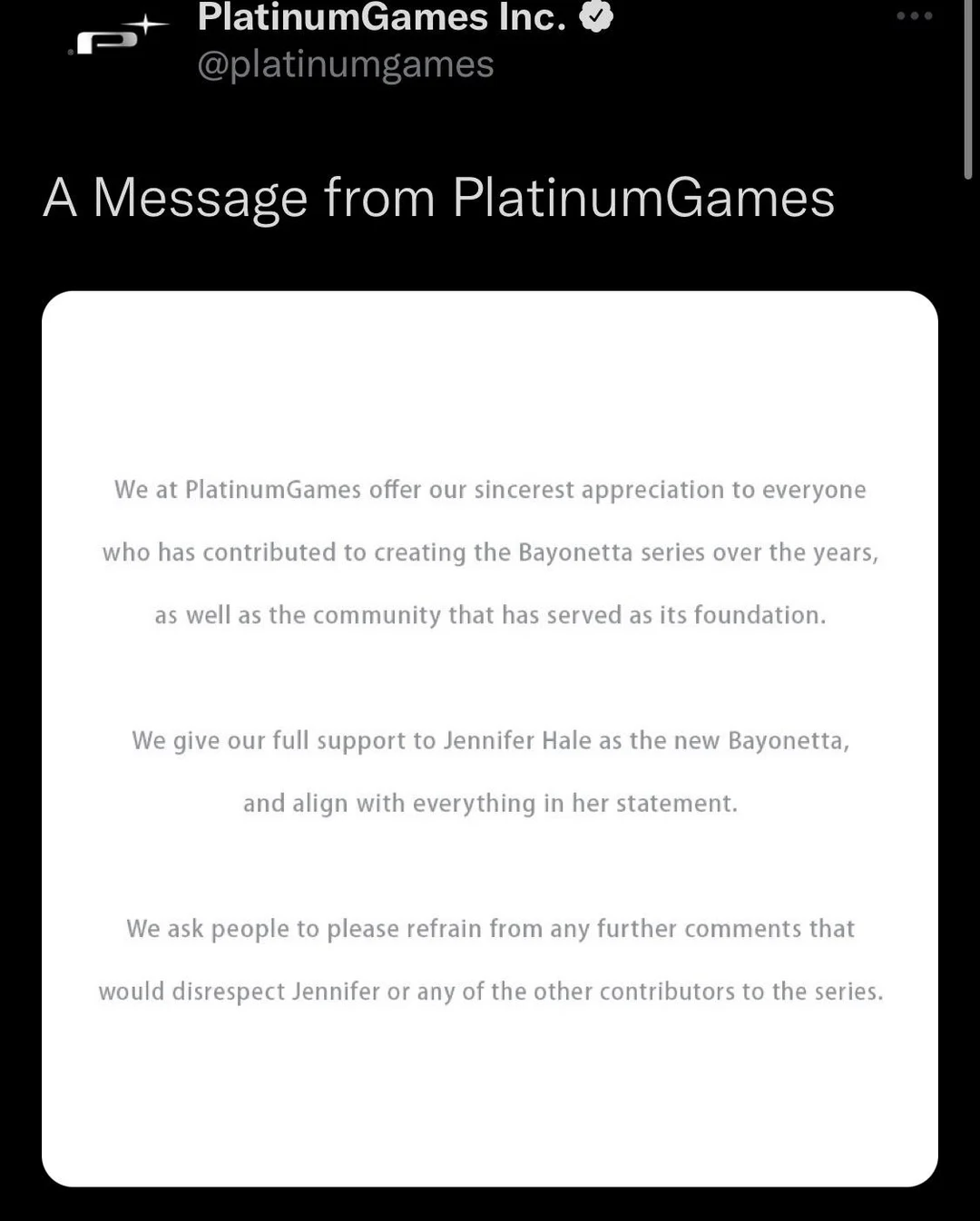 Platinum Games Statement on the drama | Scrolller