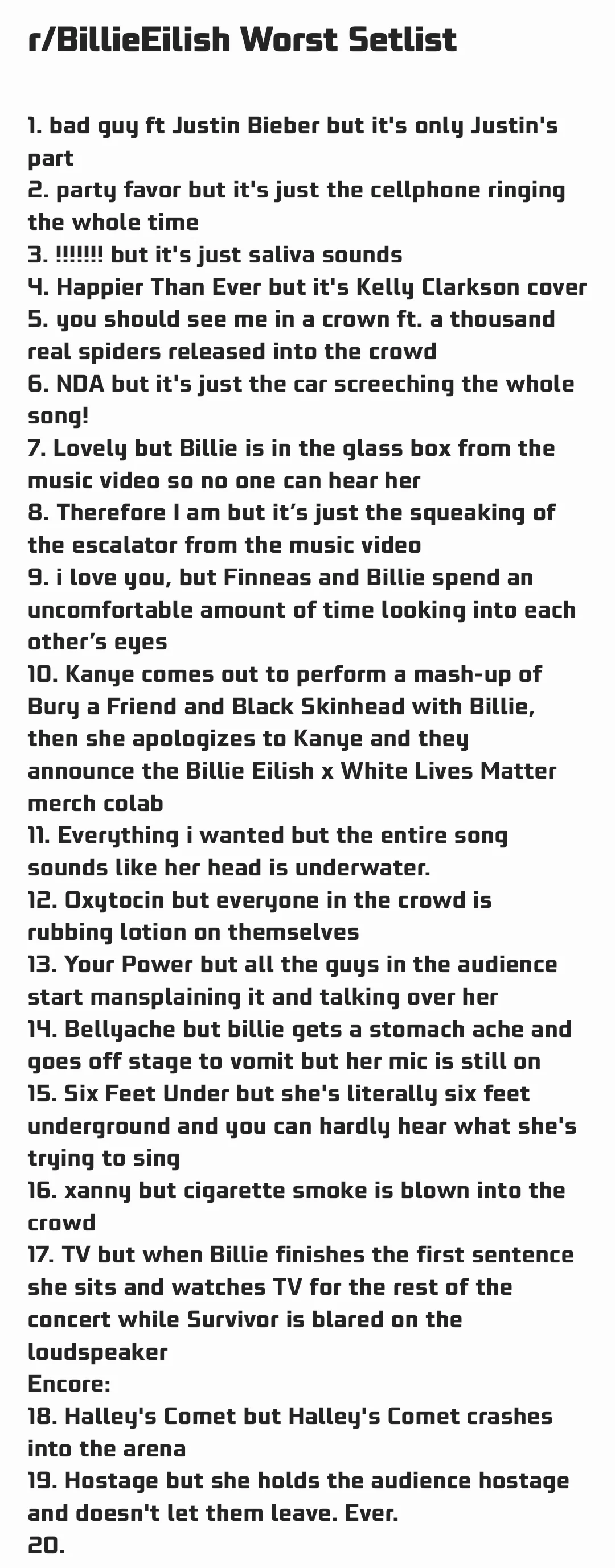 DAY 20: r/BillieEilish Worst Setlist: FINALE !!! 💥 | Scrolller