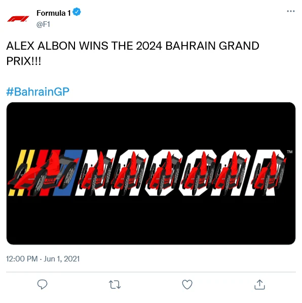 I had a dream that Albon won the Bahrain GP and this is what the F1 twitter account posted ...