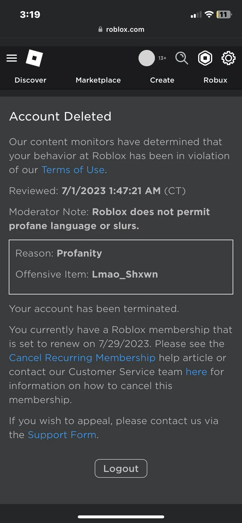 Got Terminated For My Name that roblox let me pick… | Scrolller