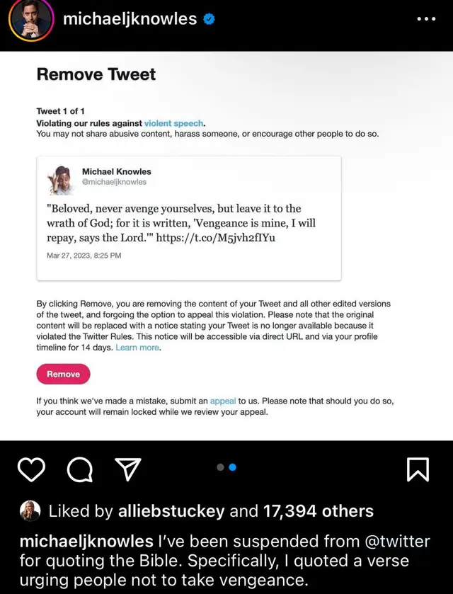 Twitter says quoting a Bible verse *against* vengeance counts as "violent speech" | Scrolller