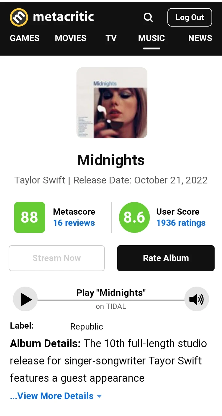 Midnights Metacritic Score same as Folklore! | Scrolller