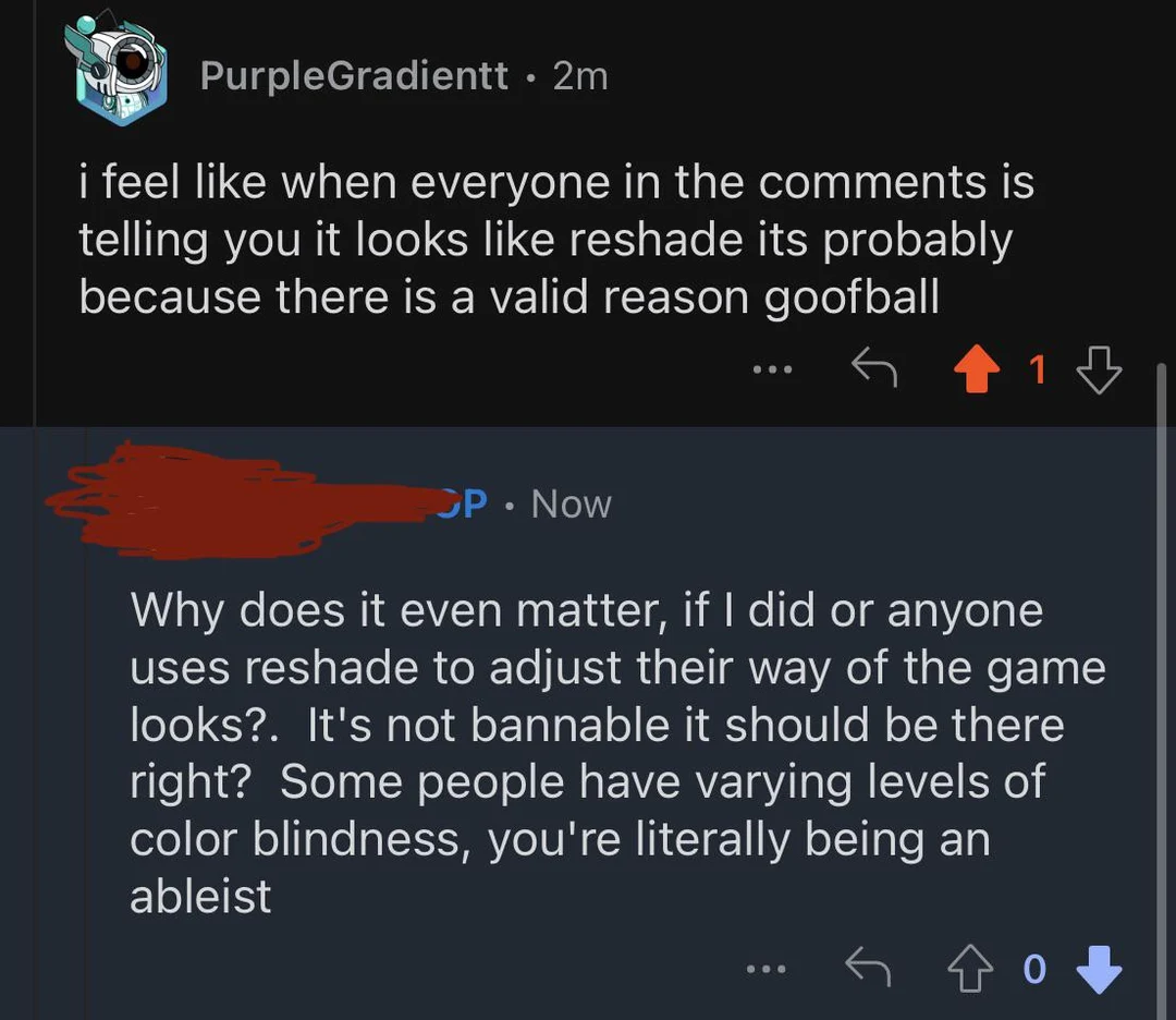 Being against reshade = ableist apparently | Scrolller