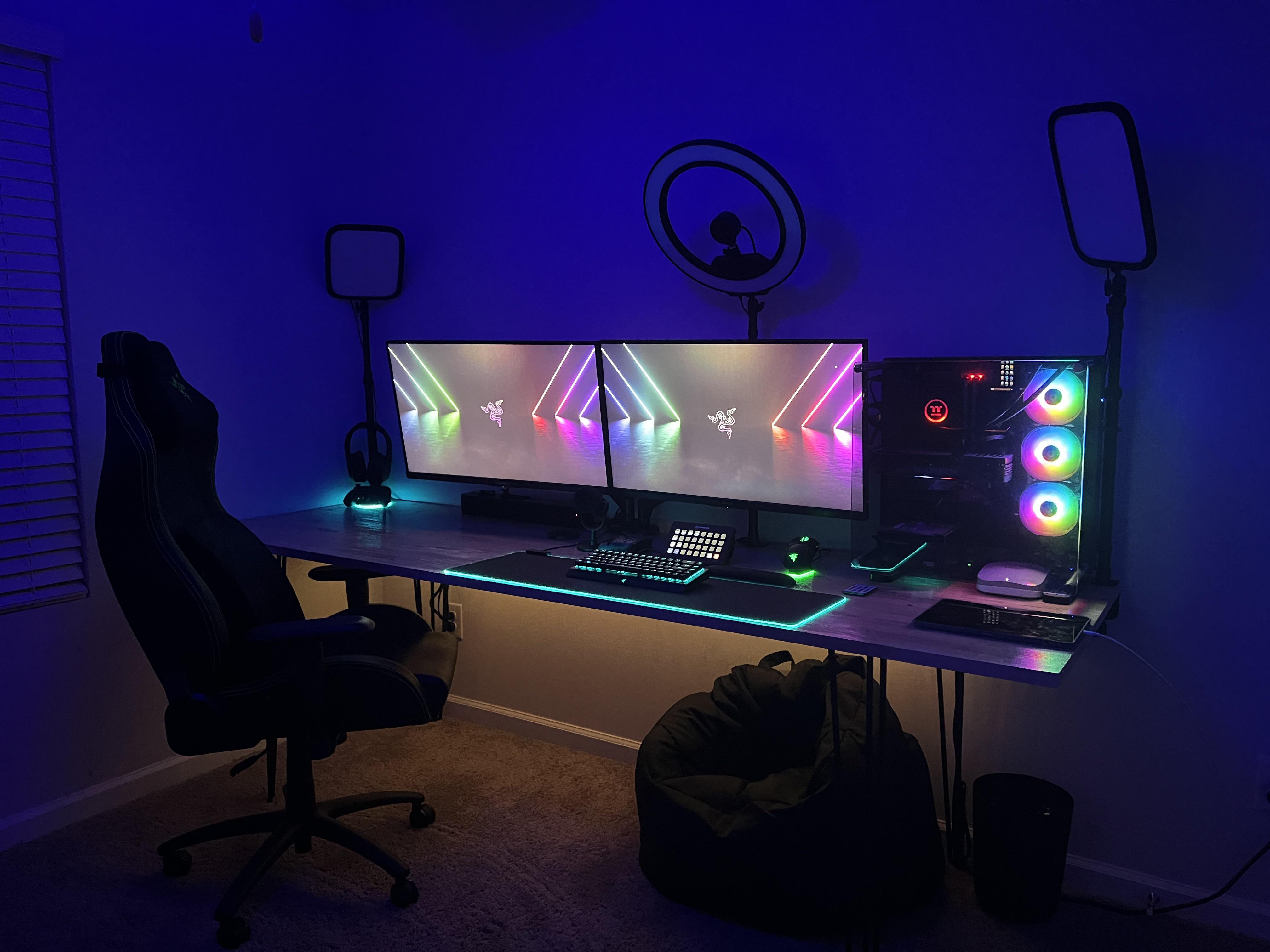 Little update to the setup. Got monitor arms, lights installed, and some well needed cable ...