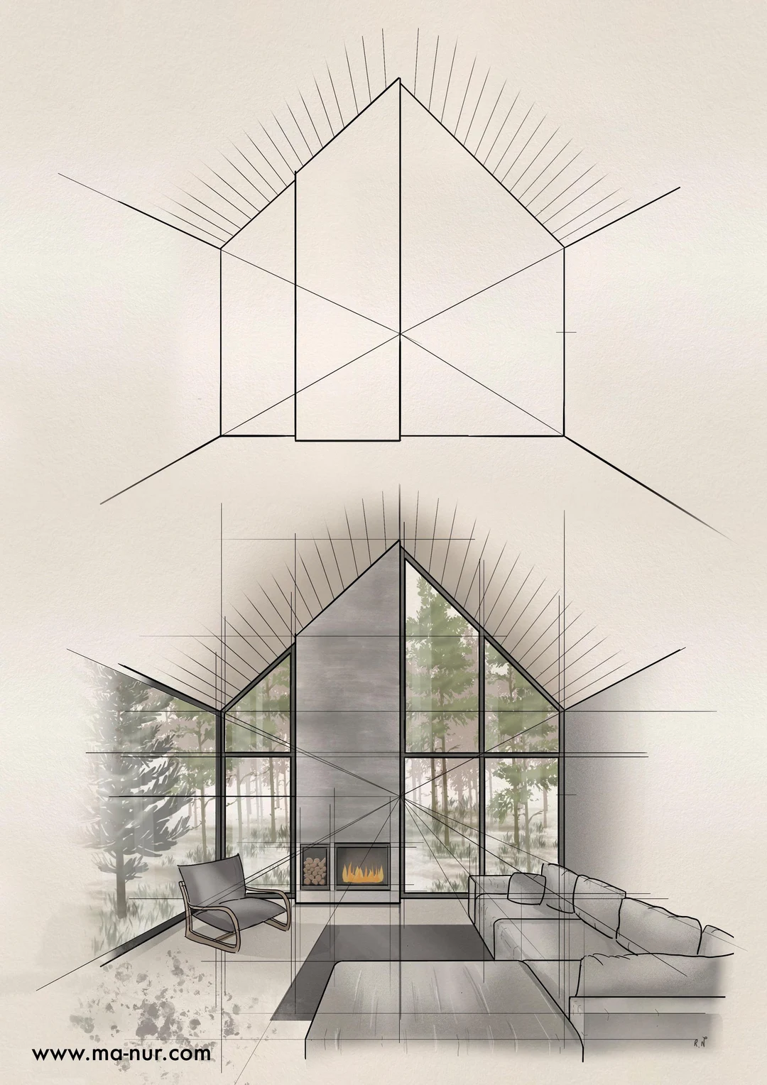 [OC] Drawing of an interior using one point perspective | Scrolller
