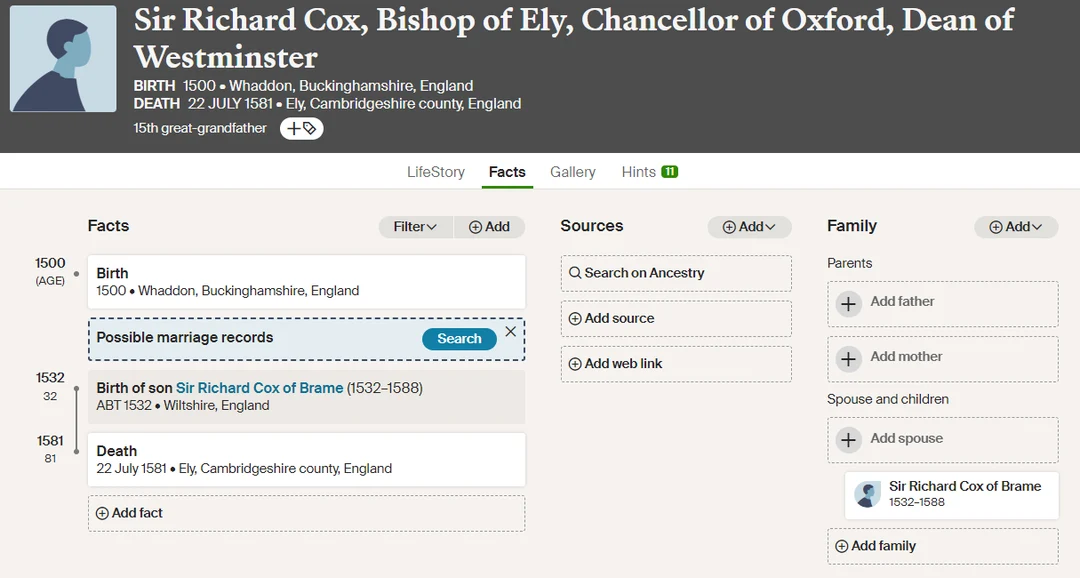This is my 15th great grandfather, Sir Richard Cox, he is a bishop. Richard Cox. His name is ...