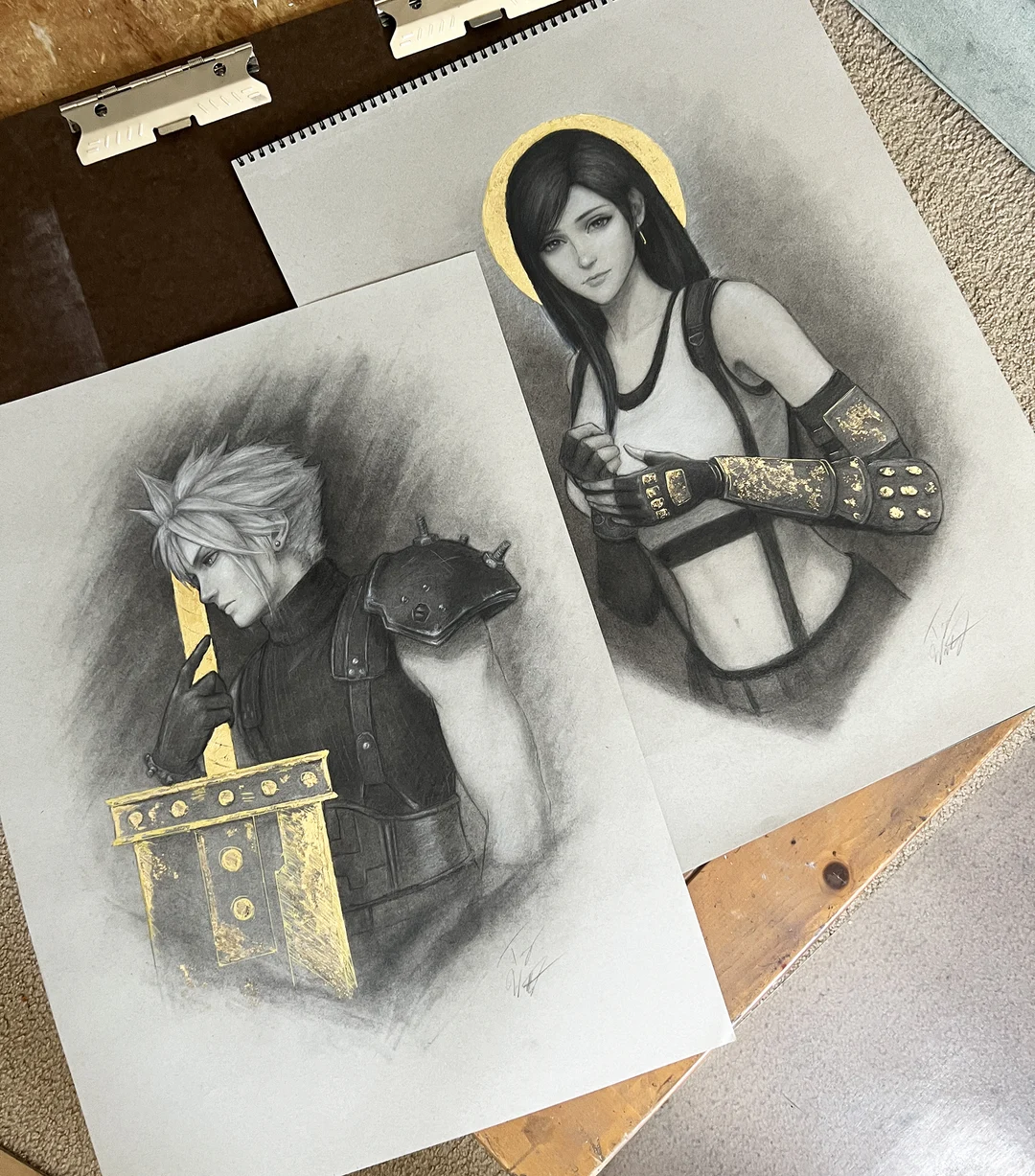 I made Cloud and Tifa drawings in charcoal and gold leaf | Scrolller