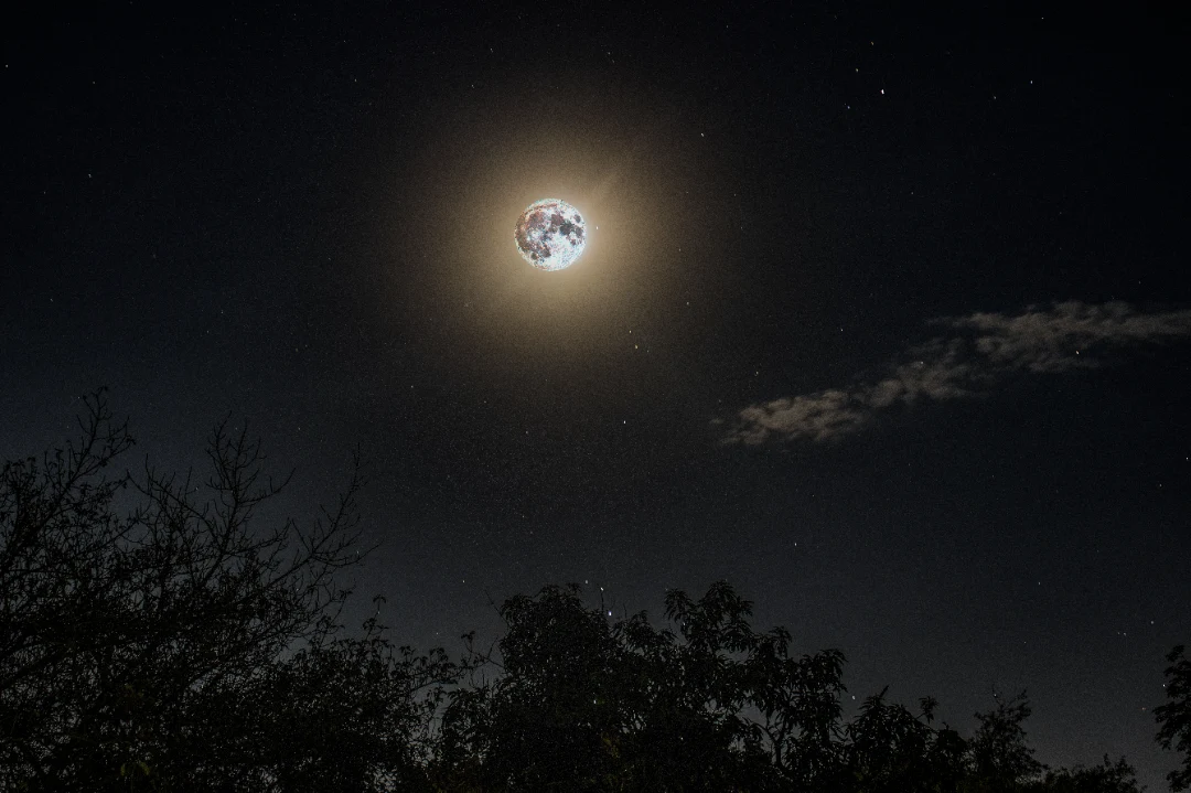 Processed shot of Blue SuperMoon (August 2023) merged with a shot of sky from my terrace (July ...