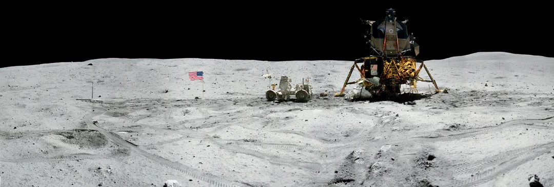 A panorama of the landing site of Apollo 16, ft. John Young adjusting ...