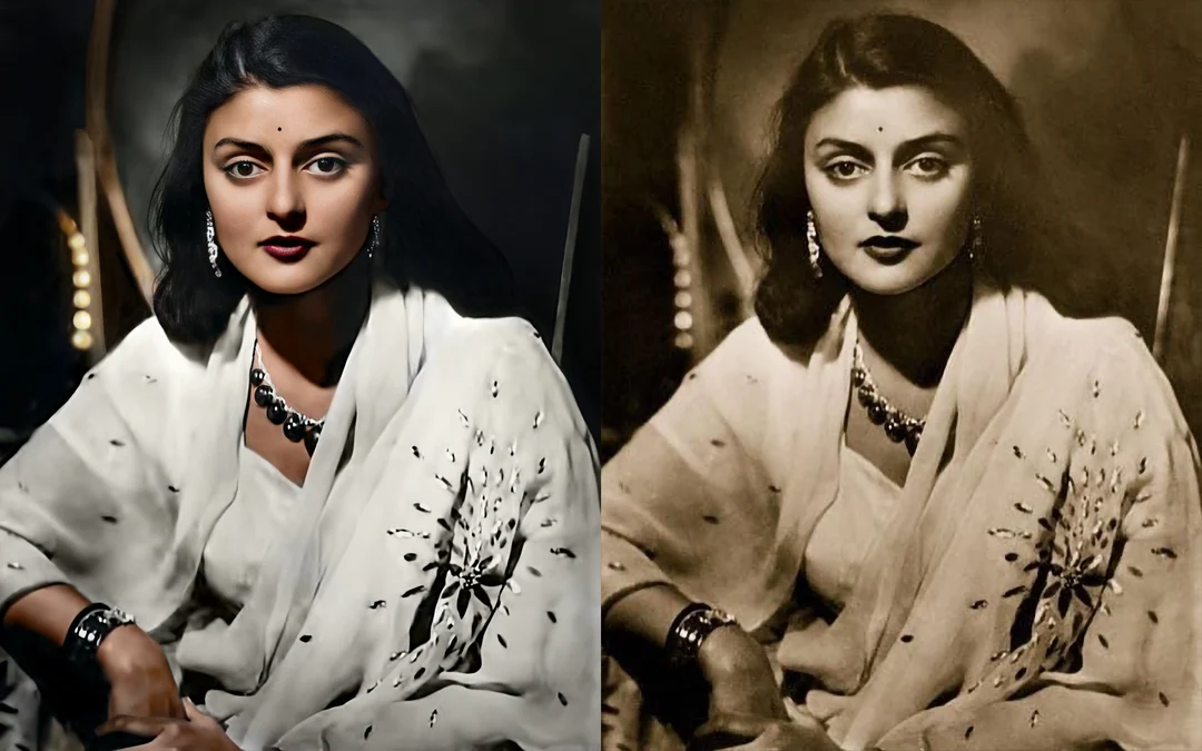 Maharani Gayatri Devi - Restored, Colored, Enhanced by Me (2022). Photo by Vivienne (late 1940's ...