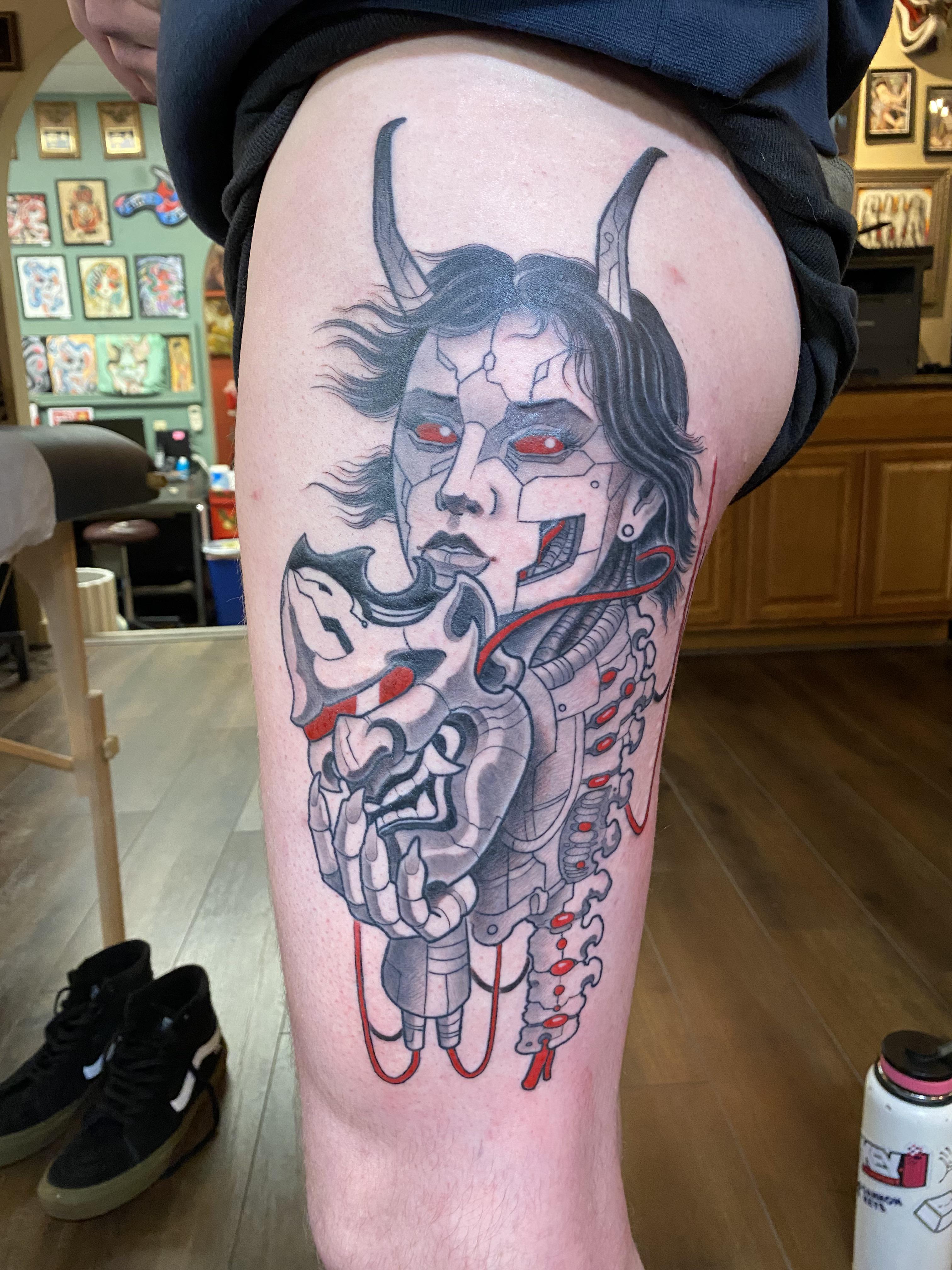 Just finished the final session on my cyber-oni thigh pieces designed and tatted by Dave Bryant ...