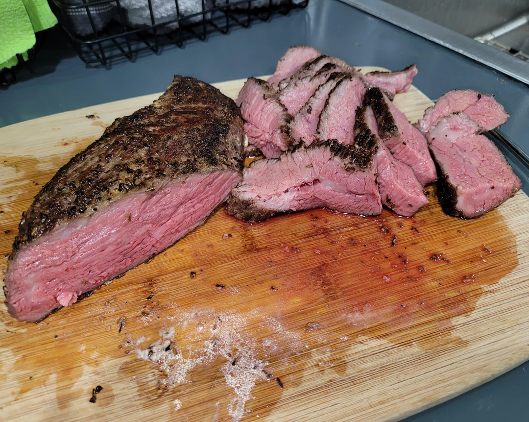 Tri tip. 131 for 6 hours then seared in cast iron with mayo and torched the edges. | Scrolller