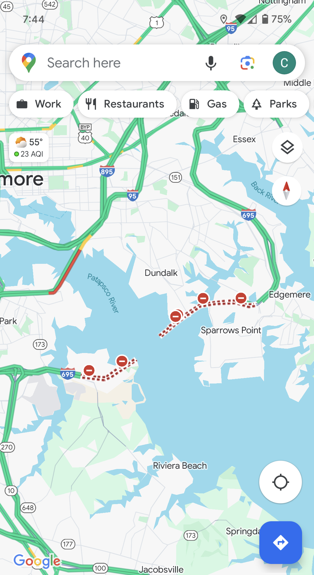 Google Maps Now Shows I-695 as a Broken Line Where The FSK Bridge Collapsed | Scrolller