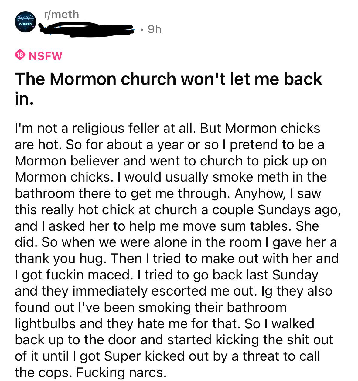 Fuck the Mormons. Won’t let me smoke meth in their bathrooms?! | Scrolller