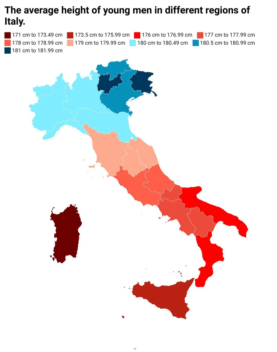 The average height of young men in different regions of taly. | Scrolller