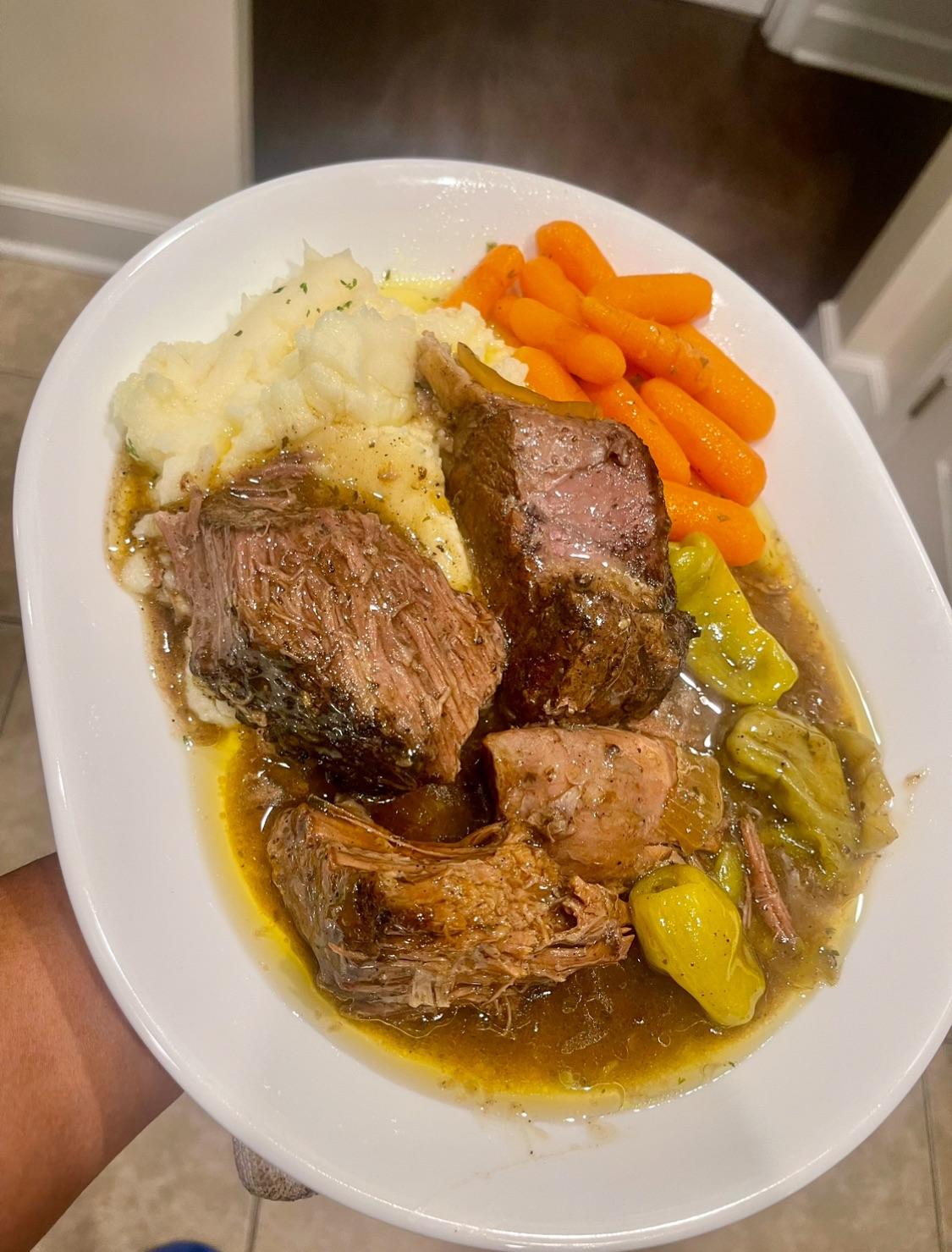 [Homemade] Mississippi Pot Roast with garlic mashed potatoes and steamed carrots. | Scrolller