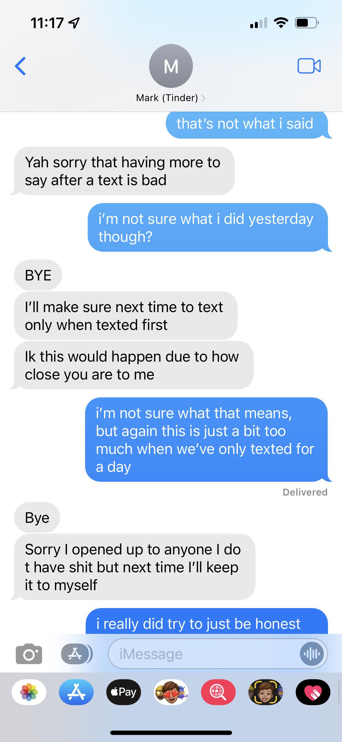 Was told to post here. I talked to this guy from Tinder for 1 day and this is how it ended ...