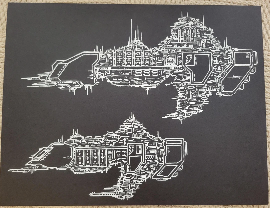 White Scars battle barge and battle cruiser, white pen on black | Scrolller