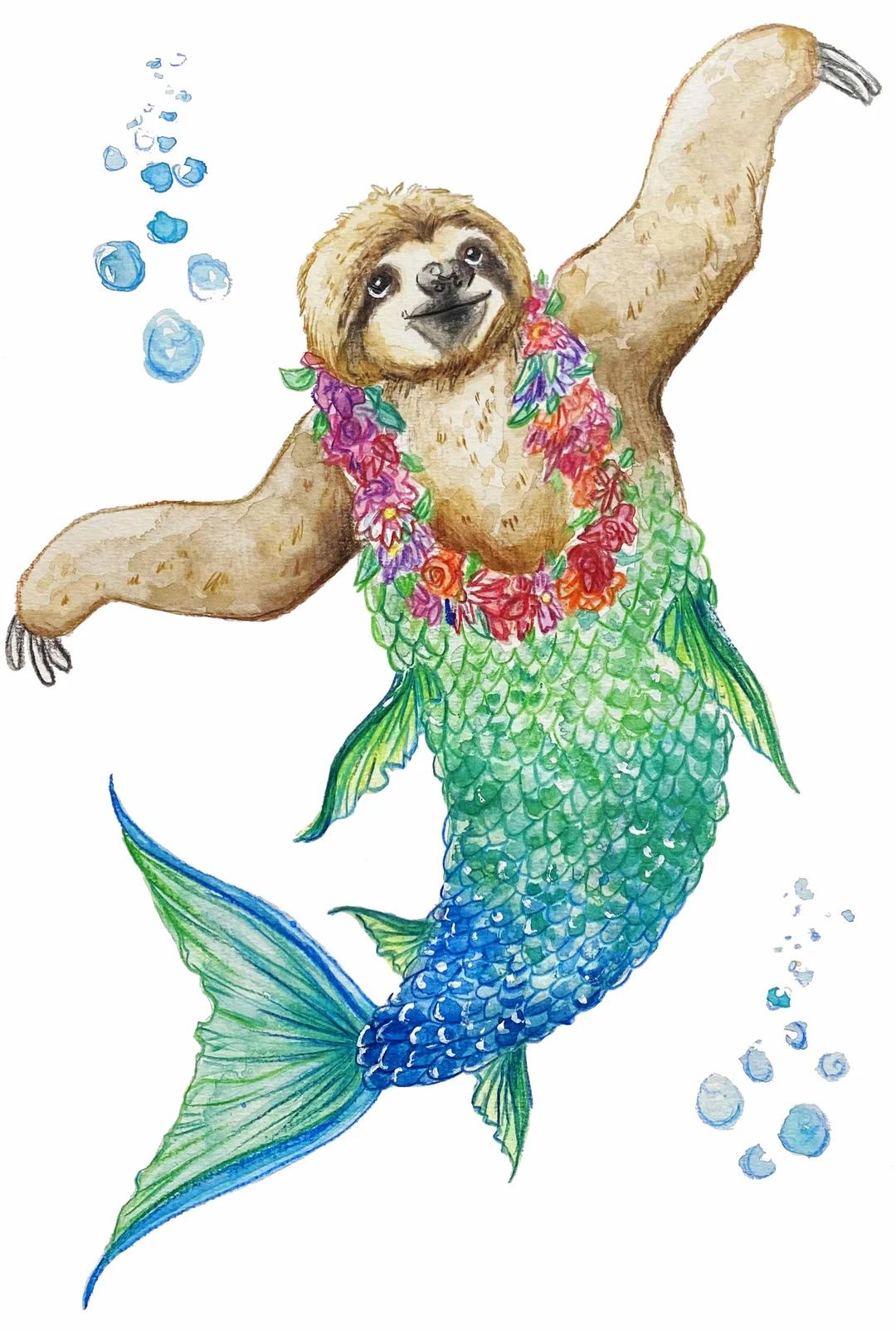 Sloth Mermaid I created with watercolor and colored pencil | Scrolller