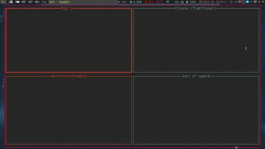 Discover more like Unixporn: [OC] Translate TUI with Google, Bing, ChatGPT. Available in AUR ...