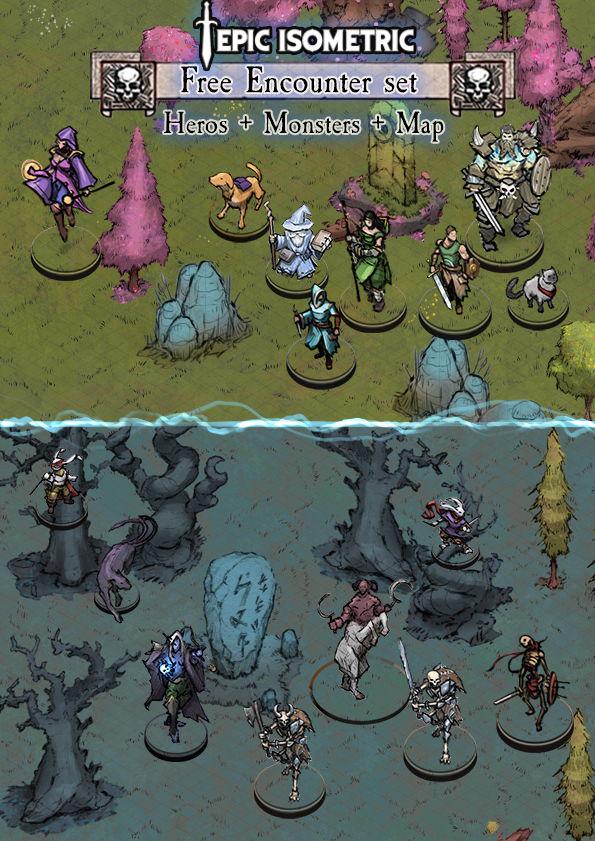 A full encounter set from Epic Isometric - Enchanted Forest Map + 19 hero minis + 8 Monster ...