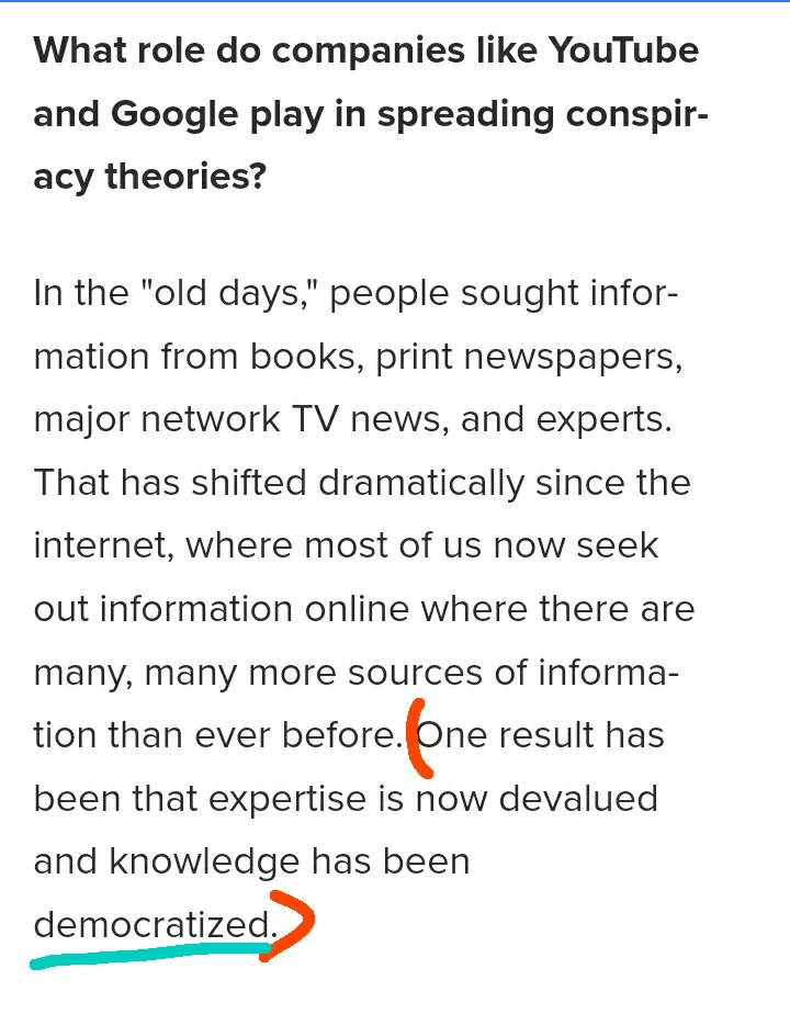 Please explain the meaning of the lines marked in brackets . What does democratized mean here ...