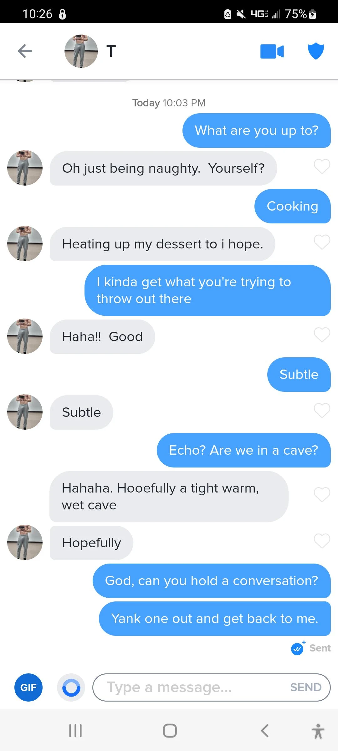 I'm not looking for romance, but a human interaction before the "wanna bone" conversation would ...