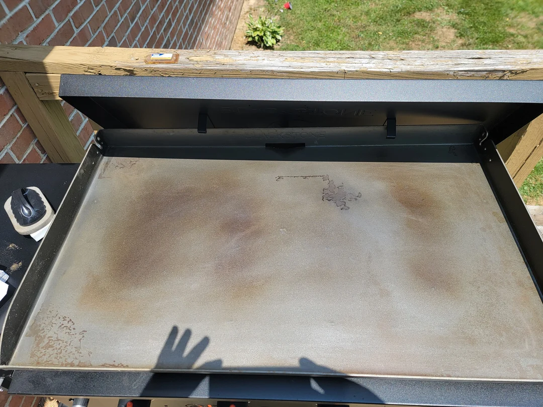New flat top grill stains. My new Blackstone grill has stains in multiple locations. Any advice ...