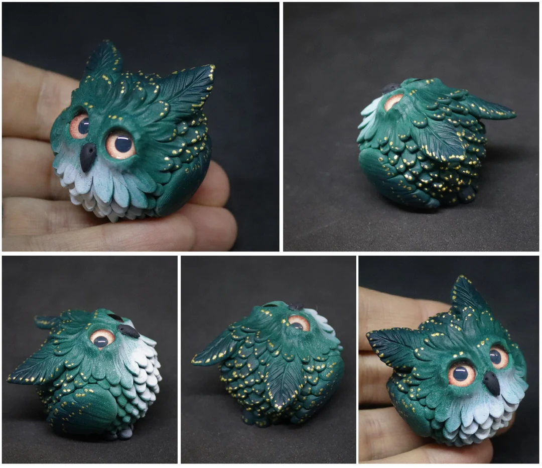 Green owl, VedaDragon, polymer clay, 2023 | Scrolller