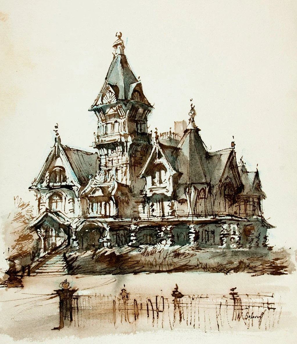 Watercolor of the Carson Mansion (circa 1960s) by Nicholas Solovioff | Scrolller
