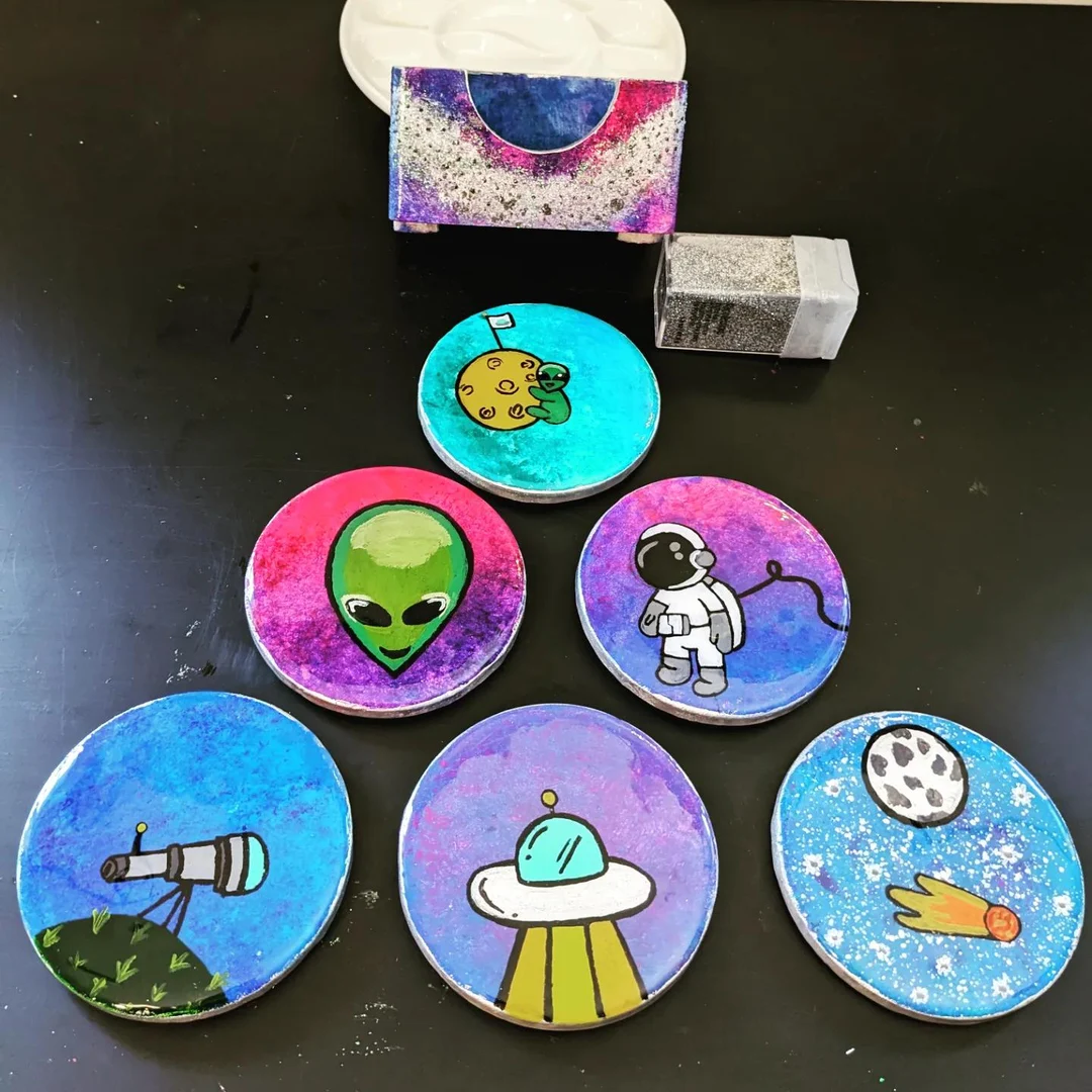 Out of this World, hand painted coasters, me, 2023 | Scrolller