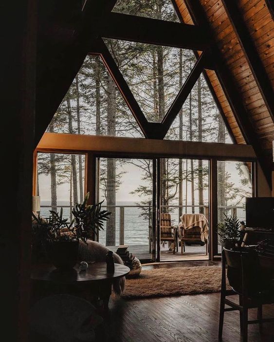 Inside of a warm A-frame cabin | Scrolller