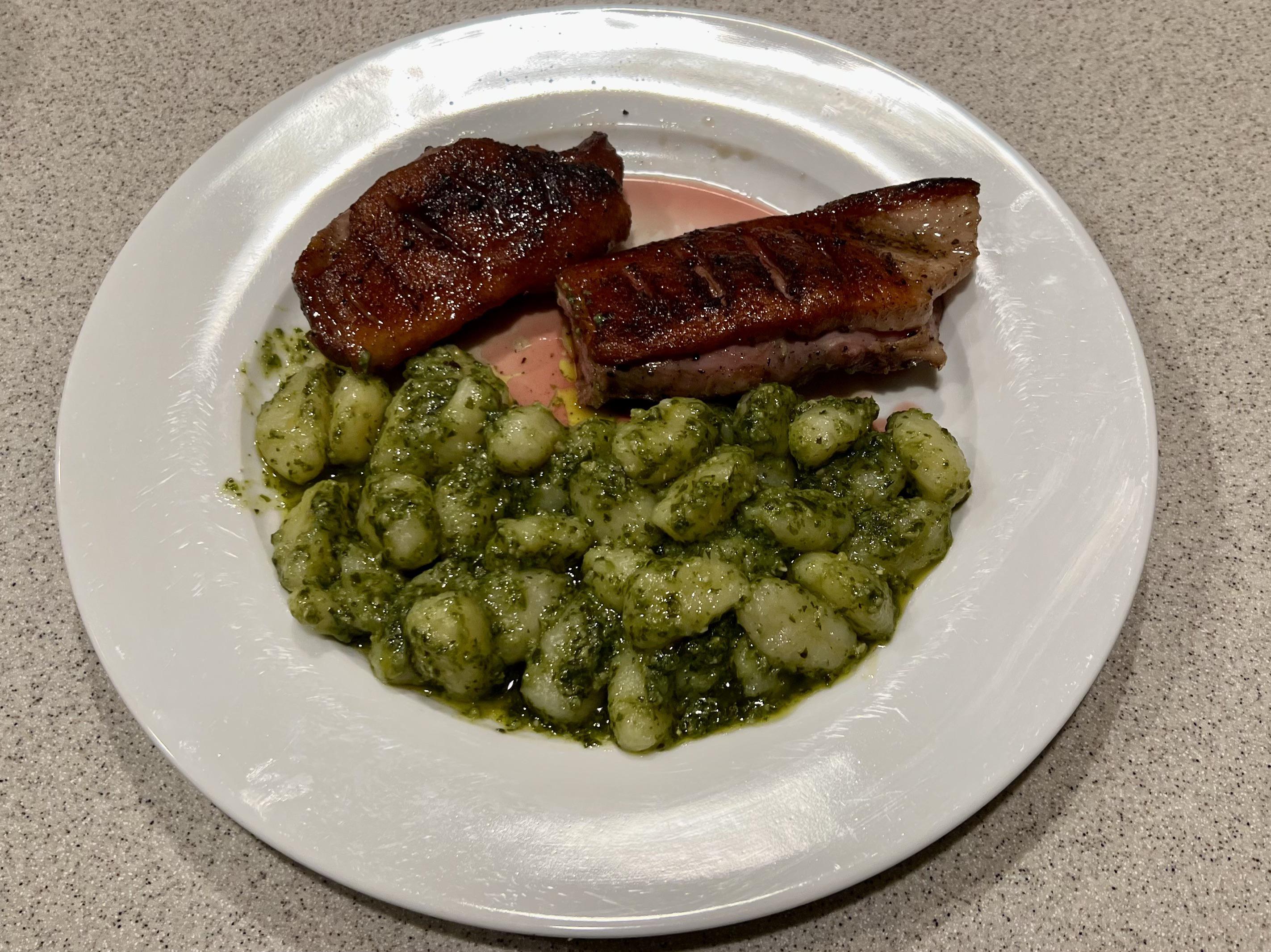 Duck breasts and gnocchi with pesto. 130°F for 2h then seared in cast iron pan. | Scrolller