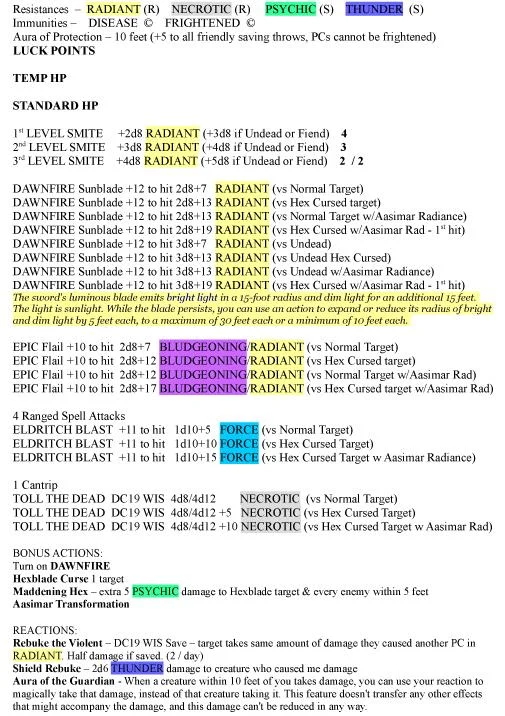 [OC] Cheat sheet for a L17 Aasimar Redemption Hexblade Pally | Scrolller