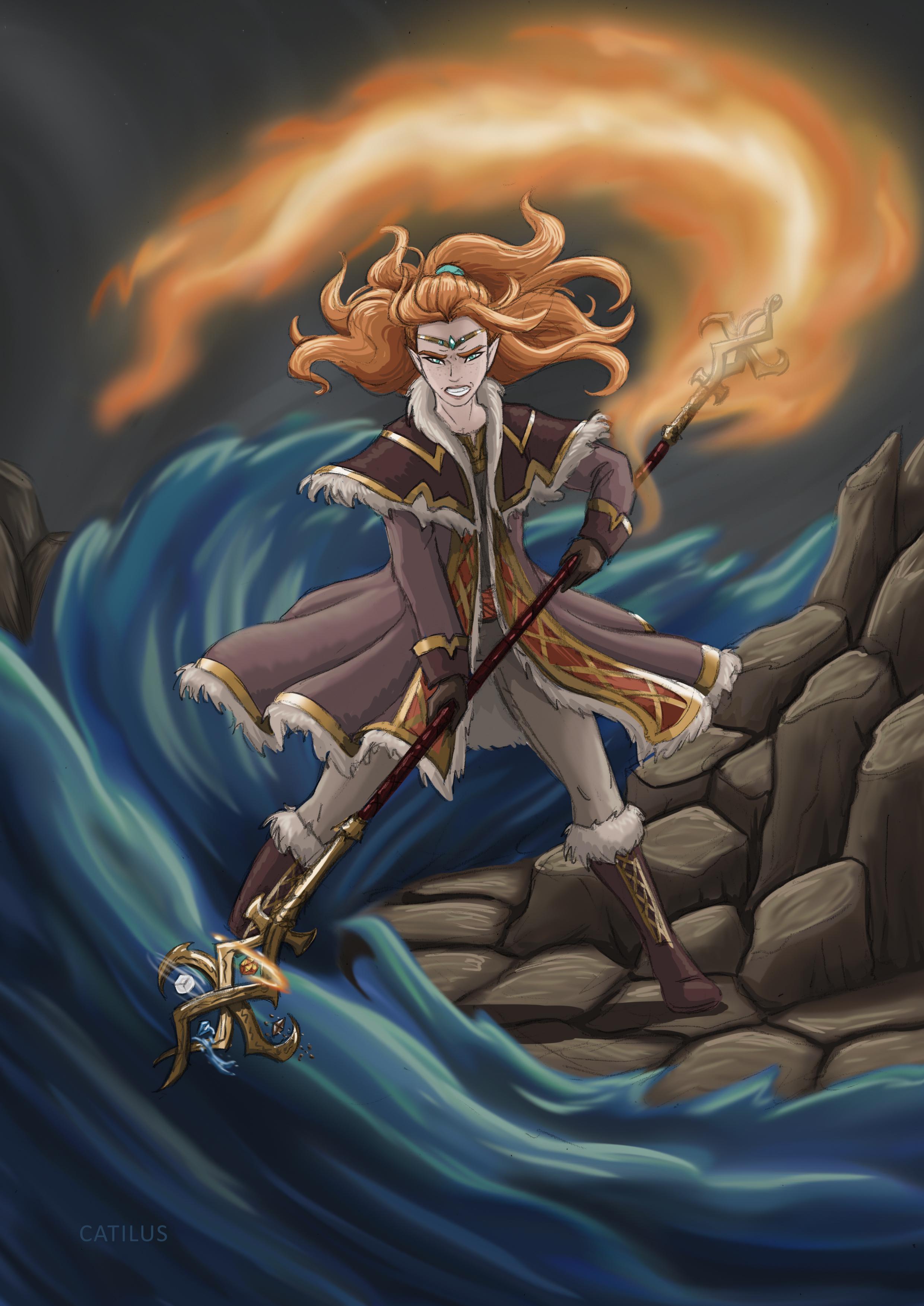 [OC] [ART] Aethis Quill, Half-Elf Arcane Scribe Wizard, wielding the Staff of Elemental Mastery ...