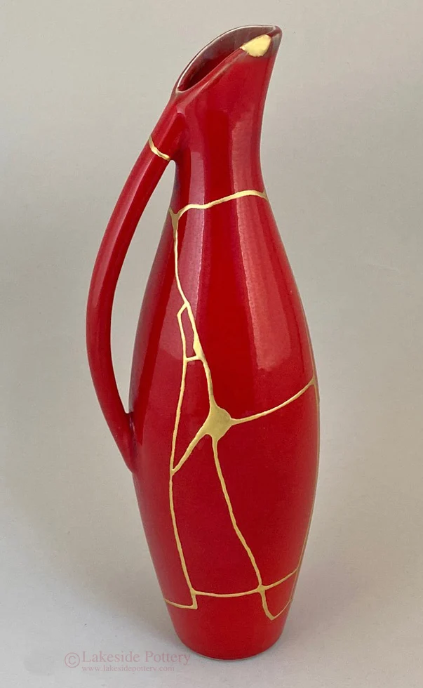 Red Vase / Pitcher, Gold Kintsugi, Lakeside Pottery Studio (me), 2023 | Scrolller