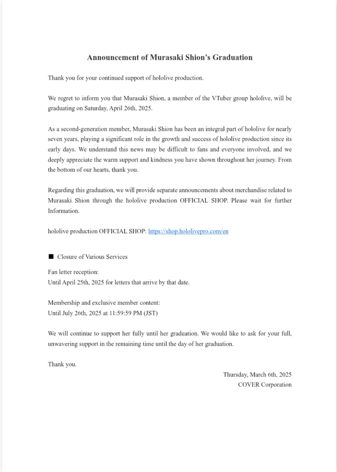 Cover official statement regarding the graduation of Murasaki Shion ...