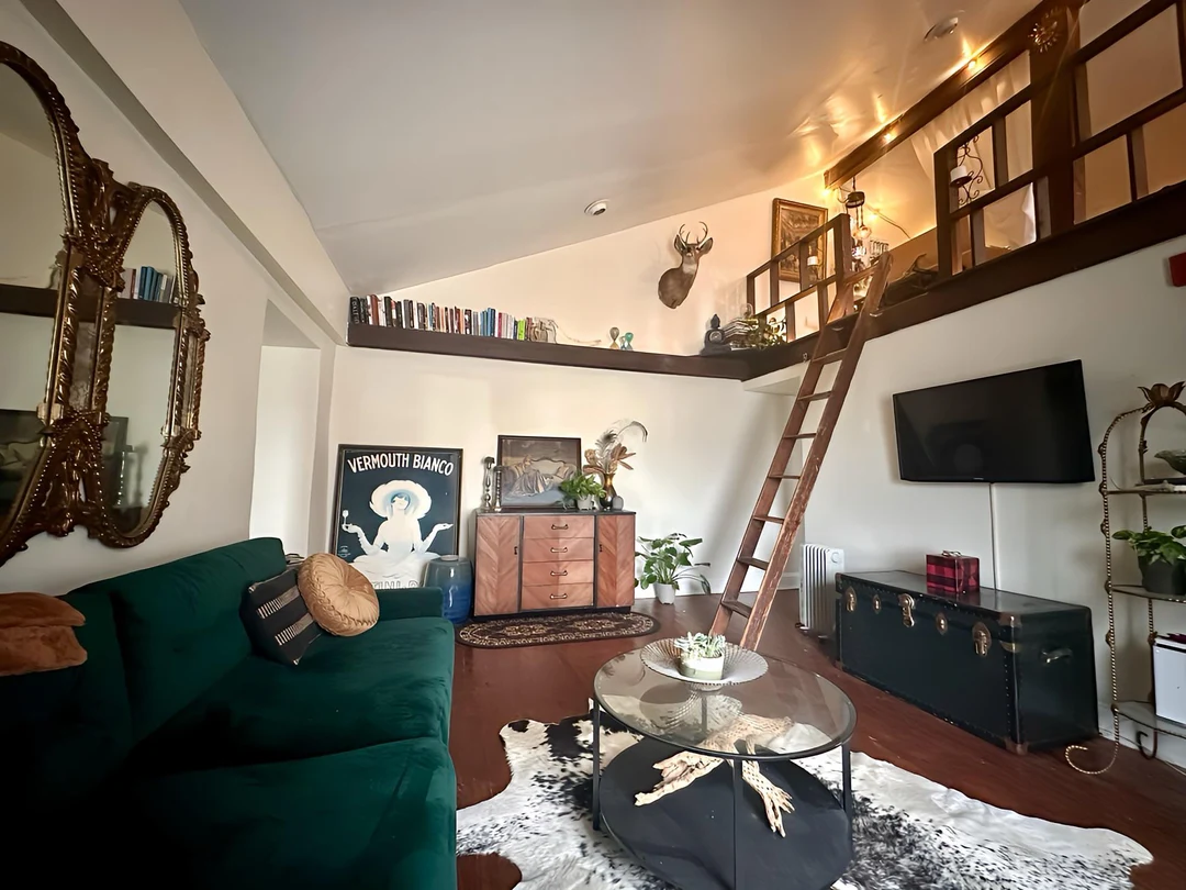 My cozy little makeshift attic loft. I use the space up top as my art studio :) | Scrolller