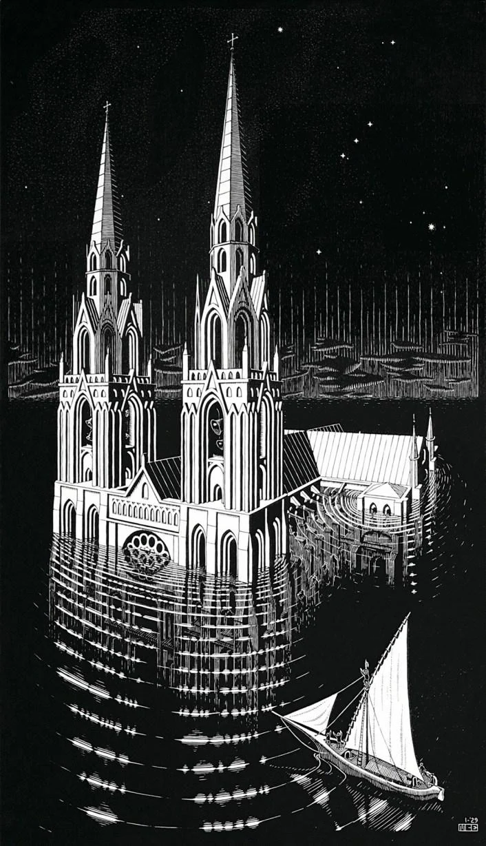 M.C. Escher, “The Drowned Cathedral” (1929) | Scrolller