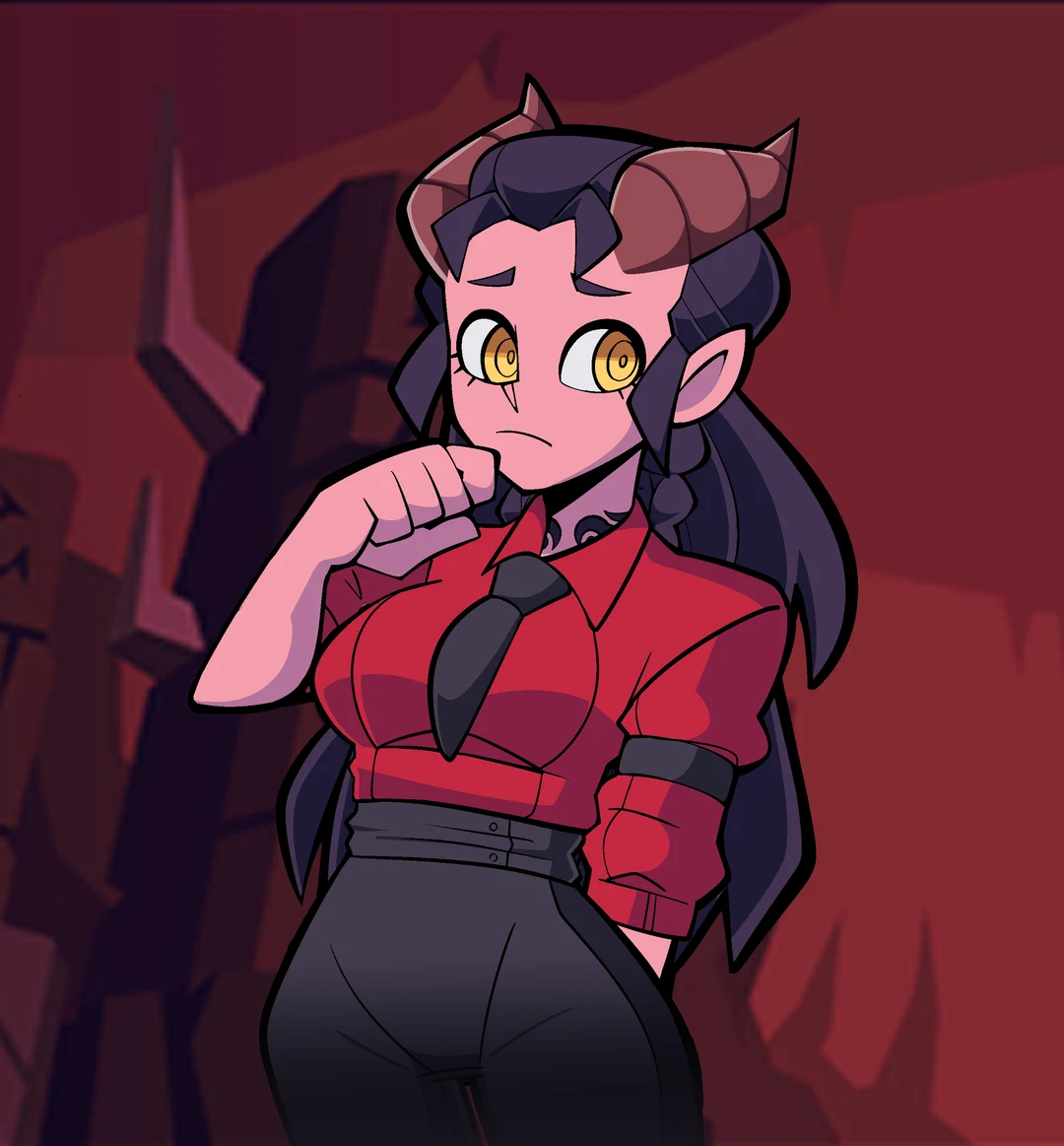 Dahlia, my demon girl OC from my Doom fanfic "Day of Wrath," in the style of Helltaker. Art by ...